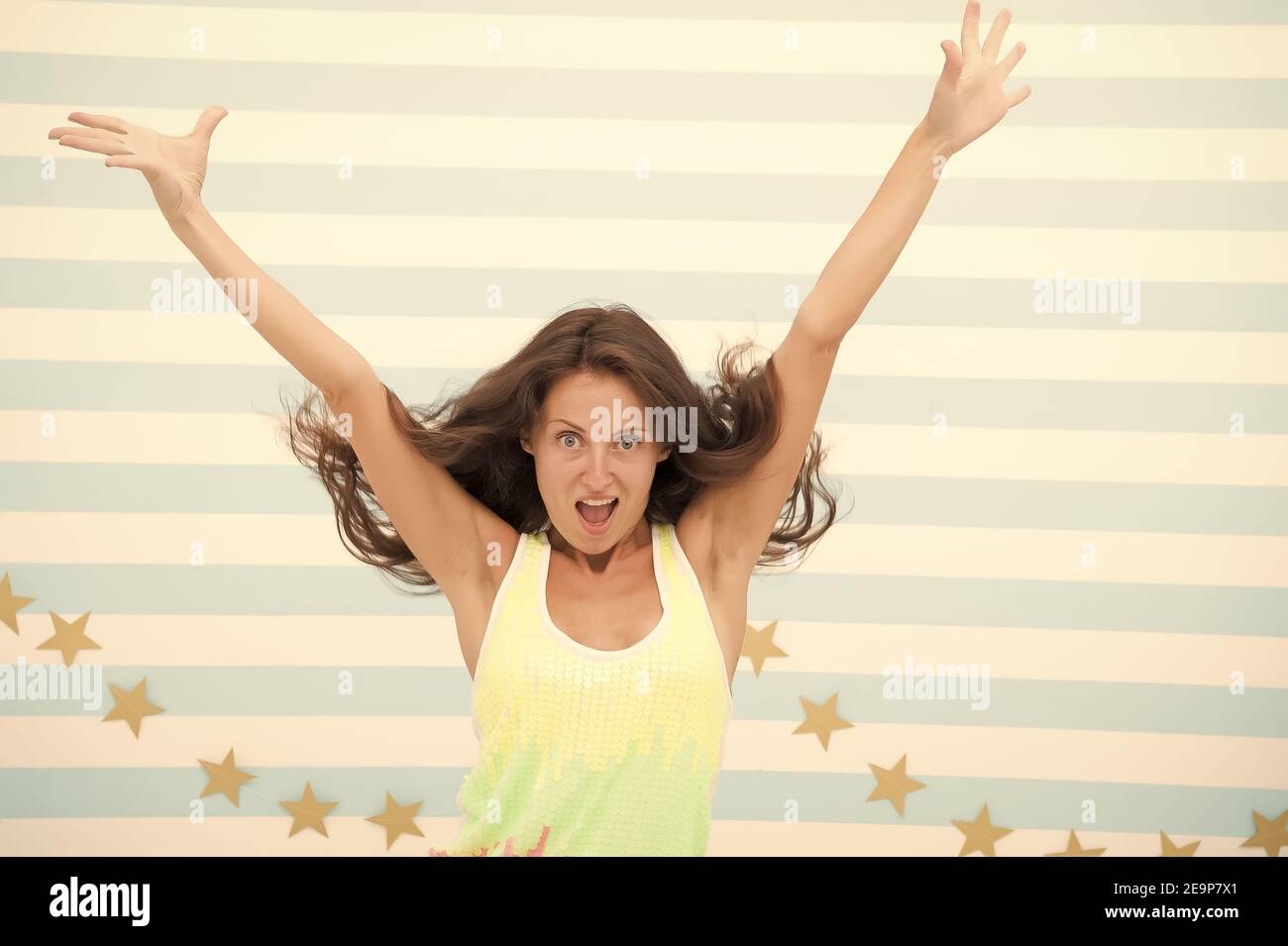 Real freedom. Professional hair care. Happy cheerful girl. Charming ...