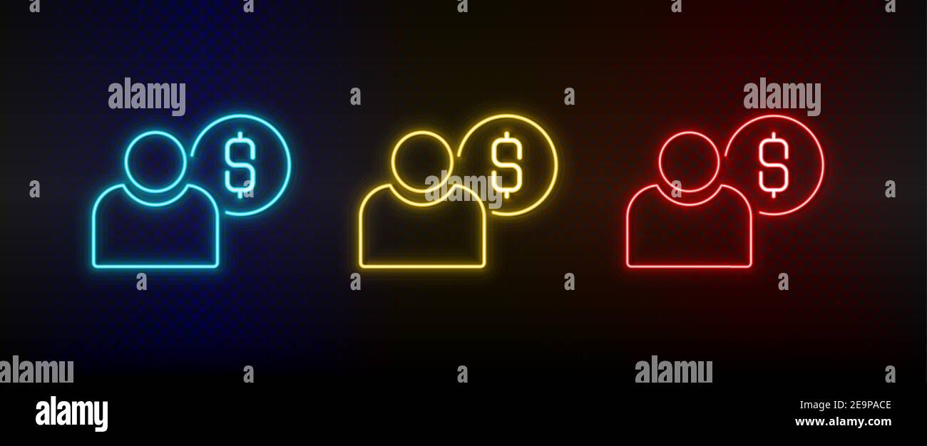 Neon icon set dollar, money, user. Set of red, blue, yellow neon vector ...