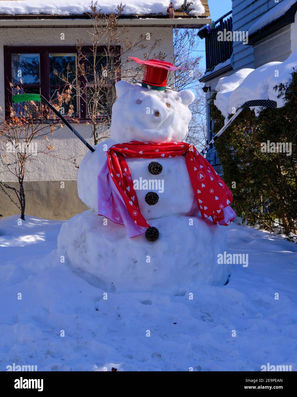 A bear snowman with red scarf and hat, and hockey sticks for arms in ...