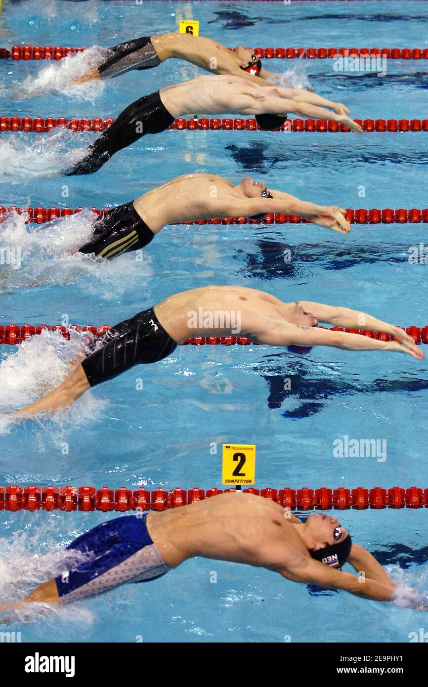 Start on men's 50 meters backstroke heat during the European short ...