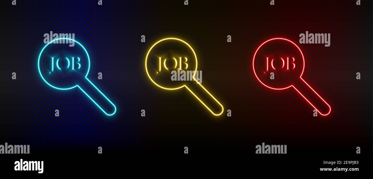 Neon icon set job, search. Set of red, blue, yellow neon vector icon ...