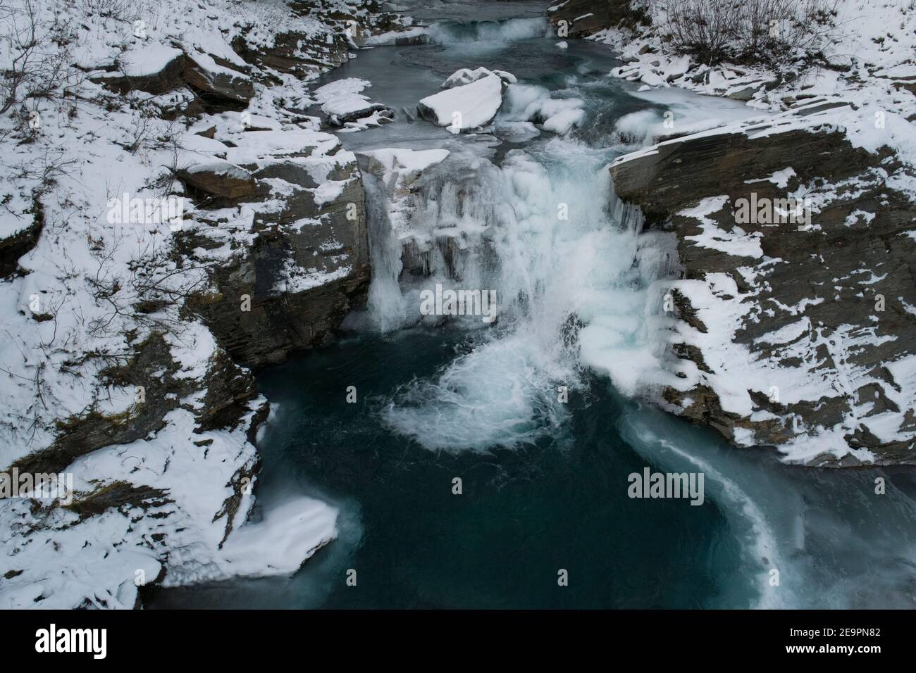icy waterfall from aerial view Stock Photo - Alamy