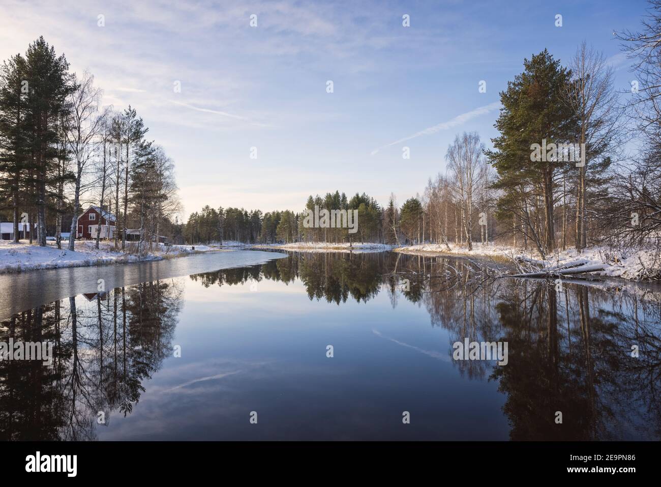 snowy forest with calm lake Stock Photo - Alamy
