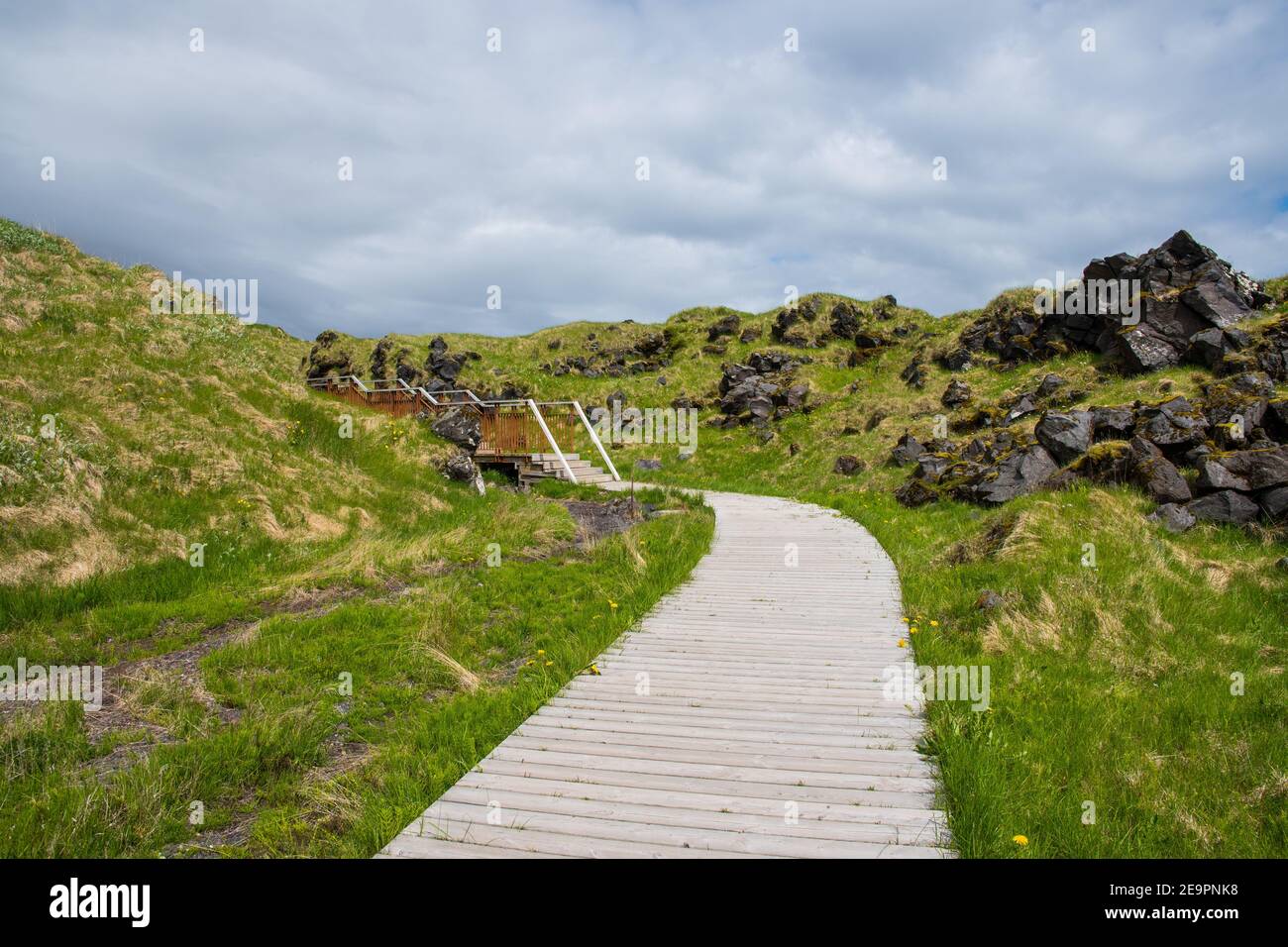 Hiking platform in Hellnar on Snaefellsnes Peninsula in Iceland Stock ...