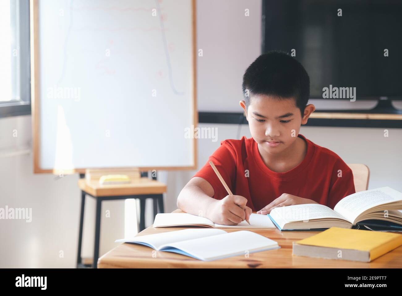 Elementary school pupil is self studying and doing homework at home ...