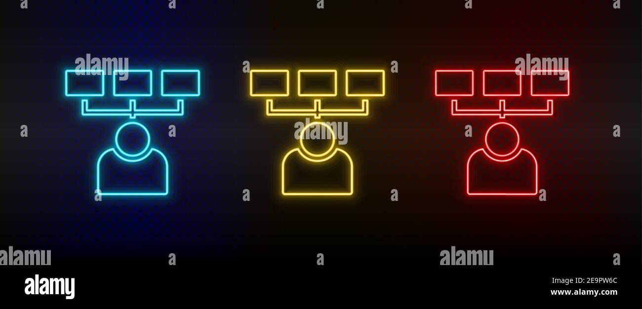 Neon icon set skills, users. Set of red, blue, yellow neon vector icon ...