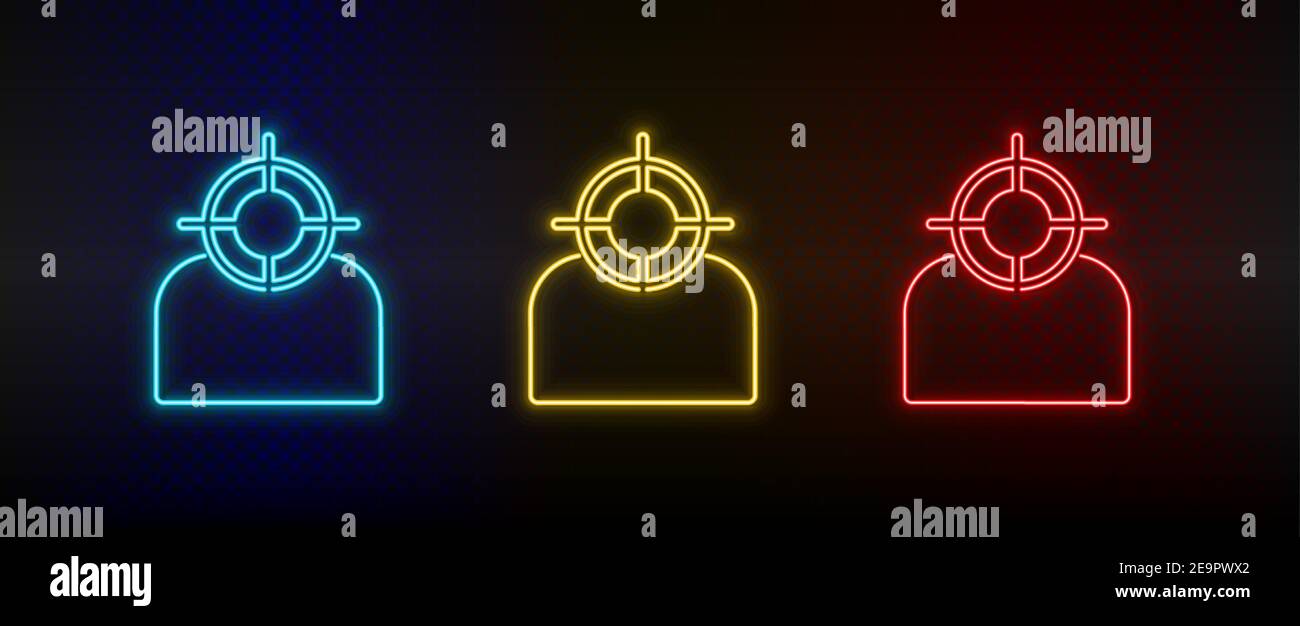 Neon icon set target, user. Set of red, blue, yellow neon vector icon ...