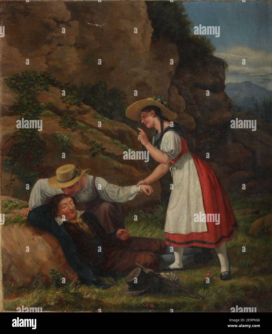 Adam August Müller - Sovende mand overvåget af to unge piger Stock ...