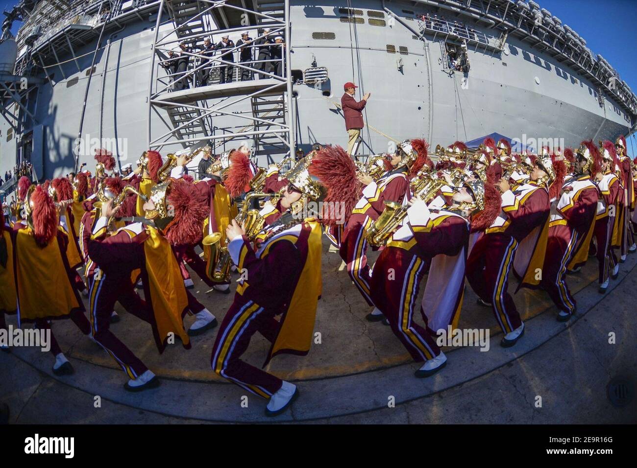 Marching band performs during a Battle of the Bands competition beside ...