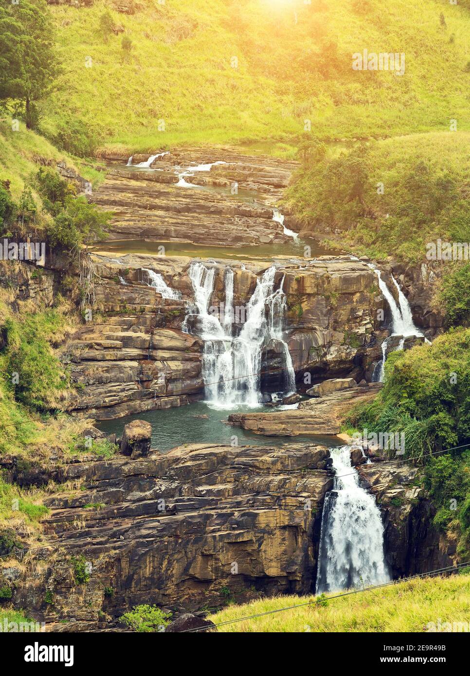Aerial view top waterfall. mountain landscape with a waterfall forest ...