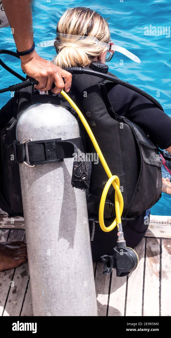 Diver scuba deck of the sailboat diving lessons blue ocean on summer ...