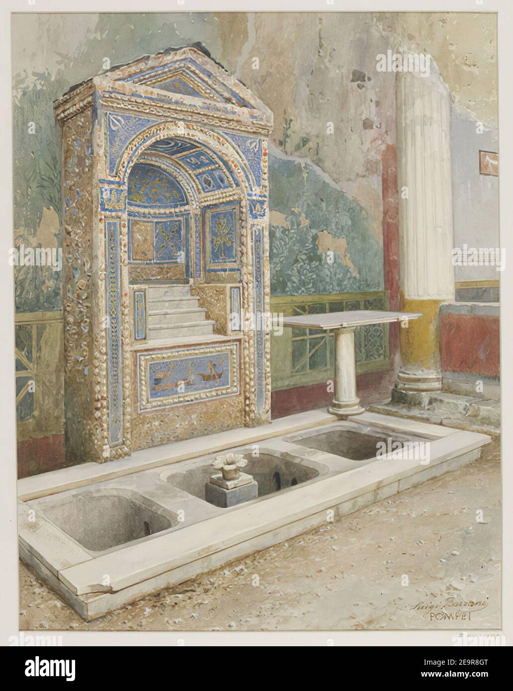 Mosaic fountain with three pools in Pompeii watercolor by Luigi Bazzani ...