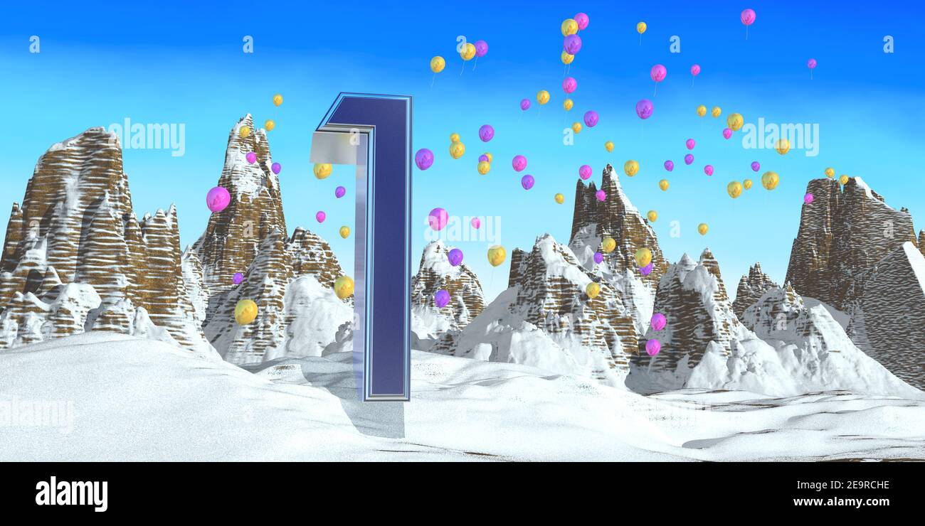 Number 1 in thick blue font on a snowy mountain with rock mountains ...