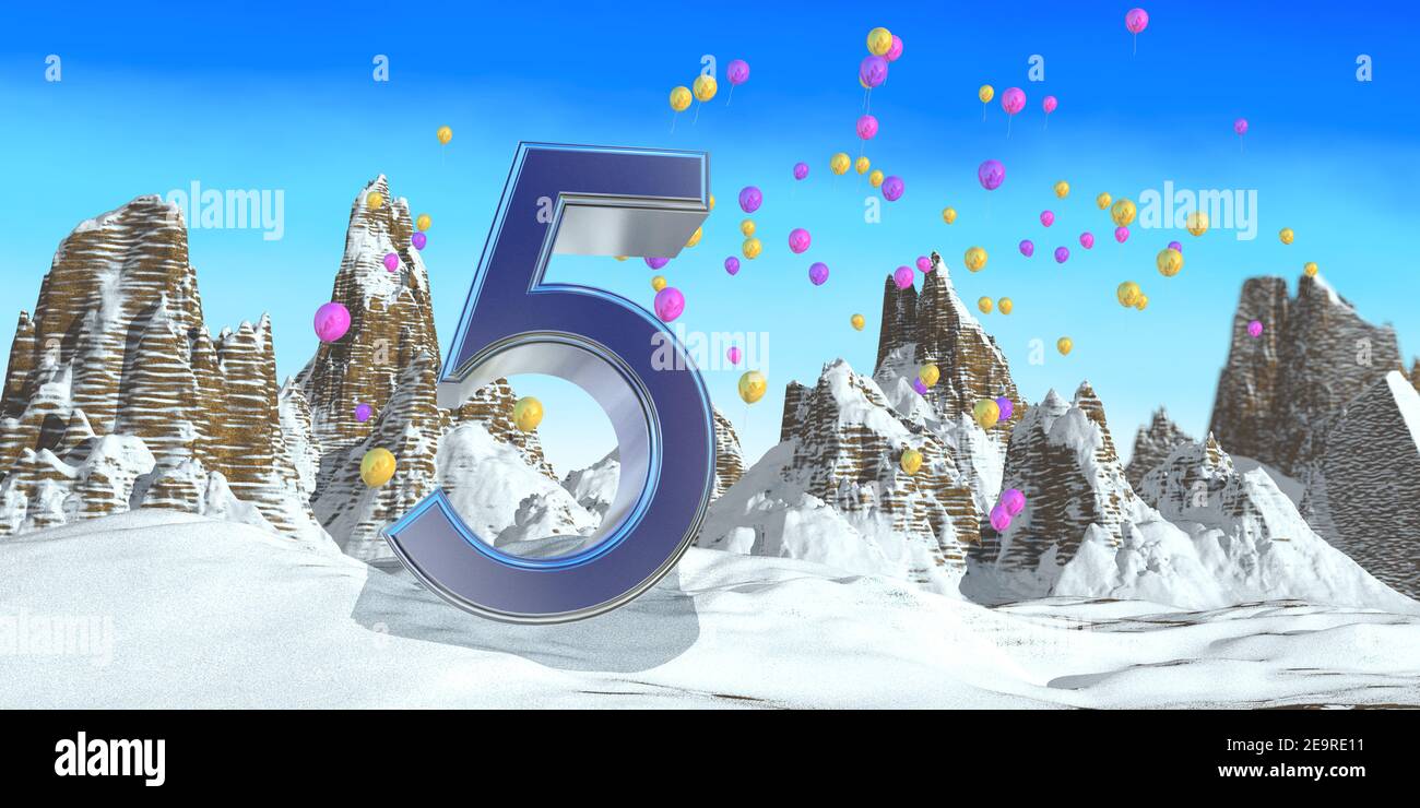 Number 5 in thick blue font on a snowy mountain with rock mountains ...