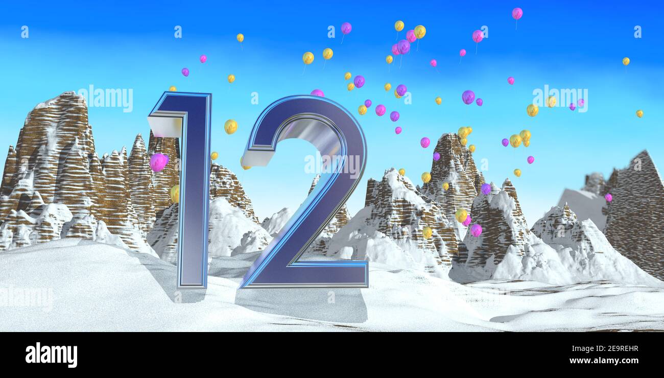 Number 12 in thick blue font on a snowy mountain with rock mountains ...
