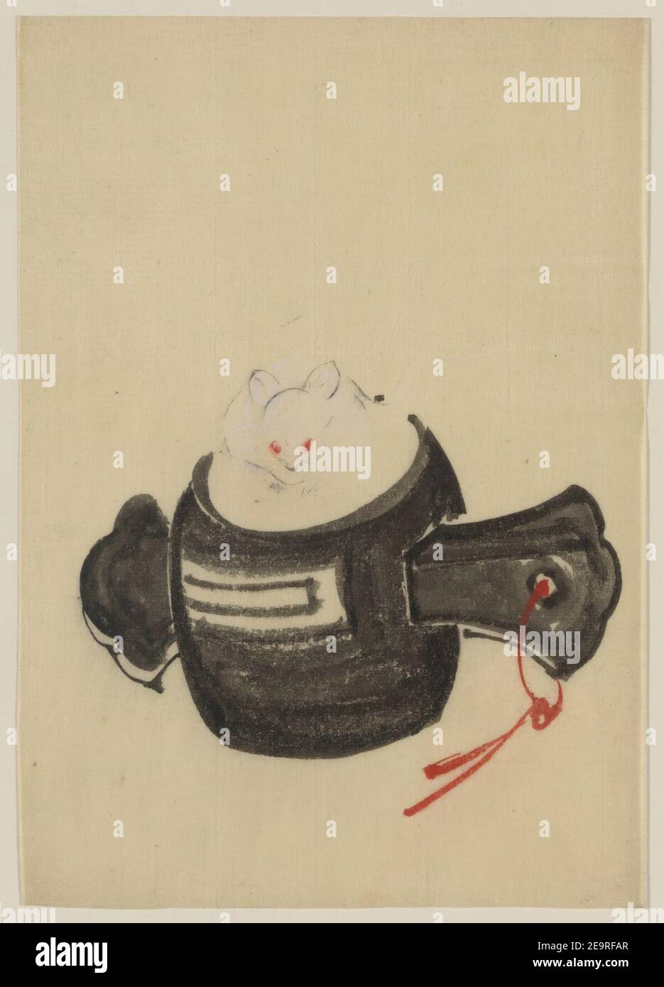 Mouse, facing front, sitting on a mallet with red ribbon through a hole ...