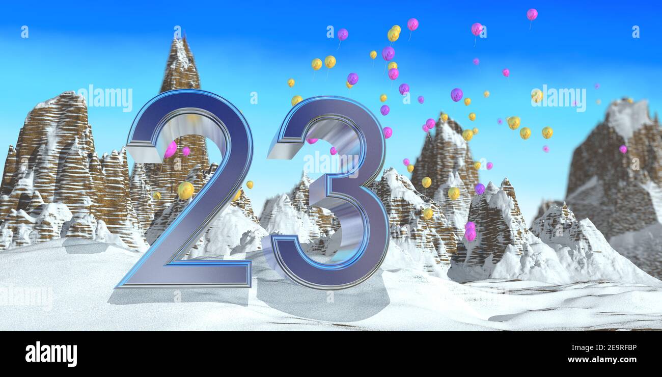 Number 23 in thick blue font on a snowy mountain with rock mountains ...