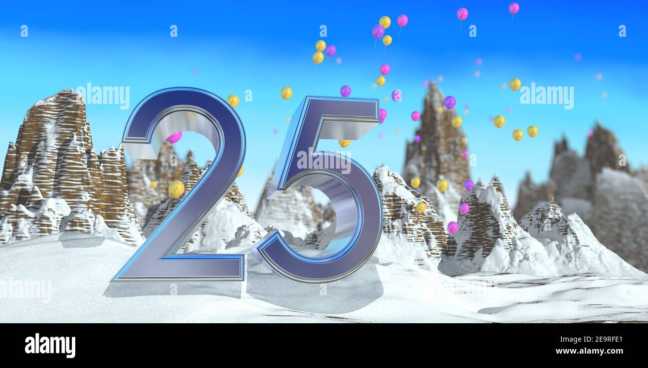 Number 25 in thick blue font on a snowy mountain with rock mountains ...