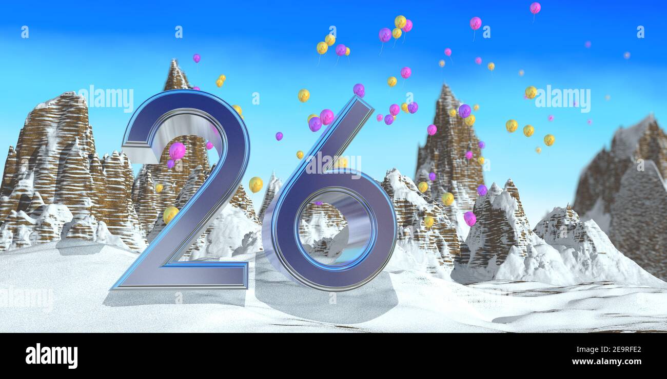 Number 26 in thick blue font on a snowy mountain with rock mountains ...