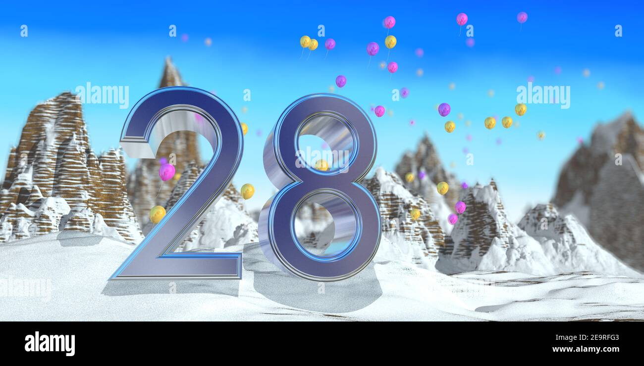 Number 28 in thick blue font on a snowy mountain with rock mountains ...