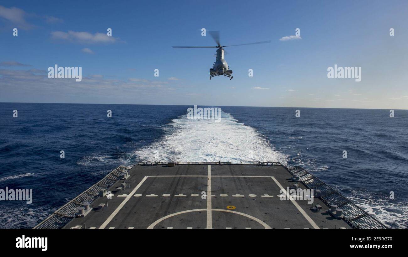 MQ-8B Fire Scout unmanned autonomous helicopter aboard the littoral ...