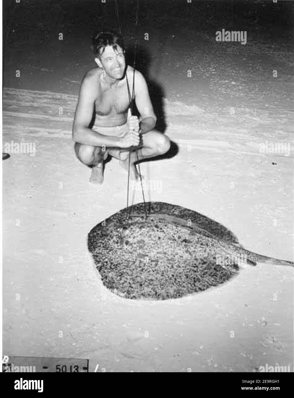 Mr V E Brock with a 100 lb sting ray he speared in the water off Prayer ...