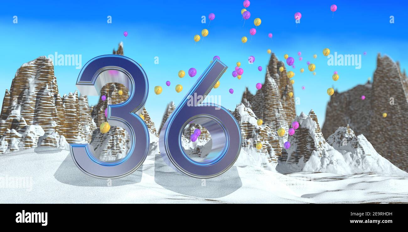 Number 36 in thick blue font on a snowy mountain with rock mountains ...
