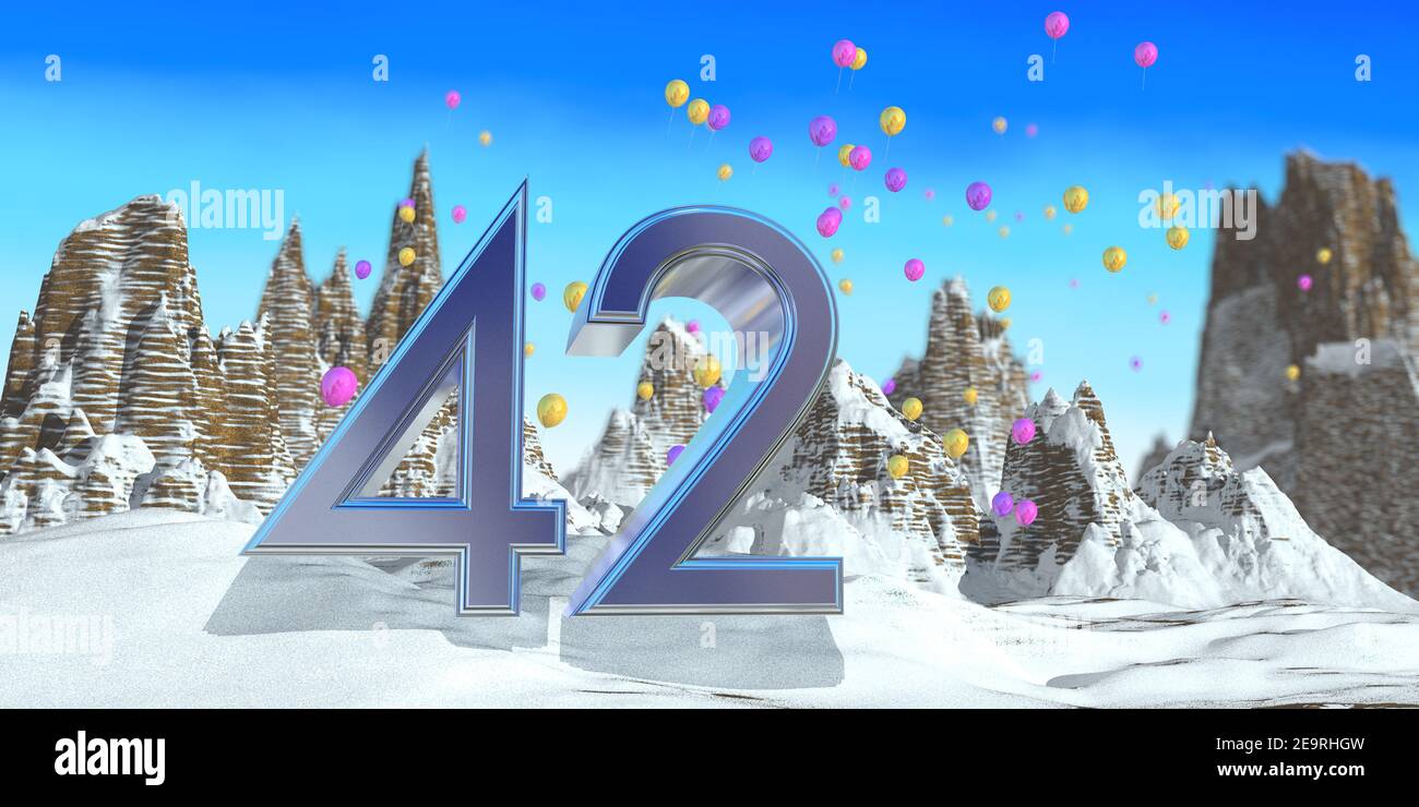 Number 42 in thick blue font on a snowy mountain with rock mountains ...