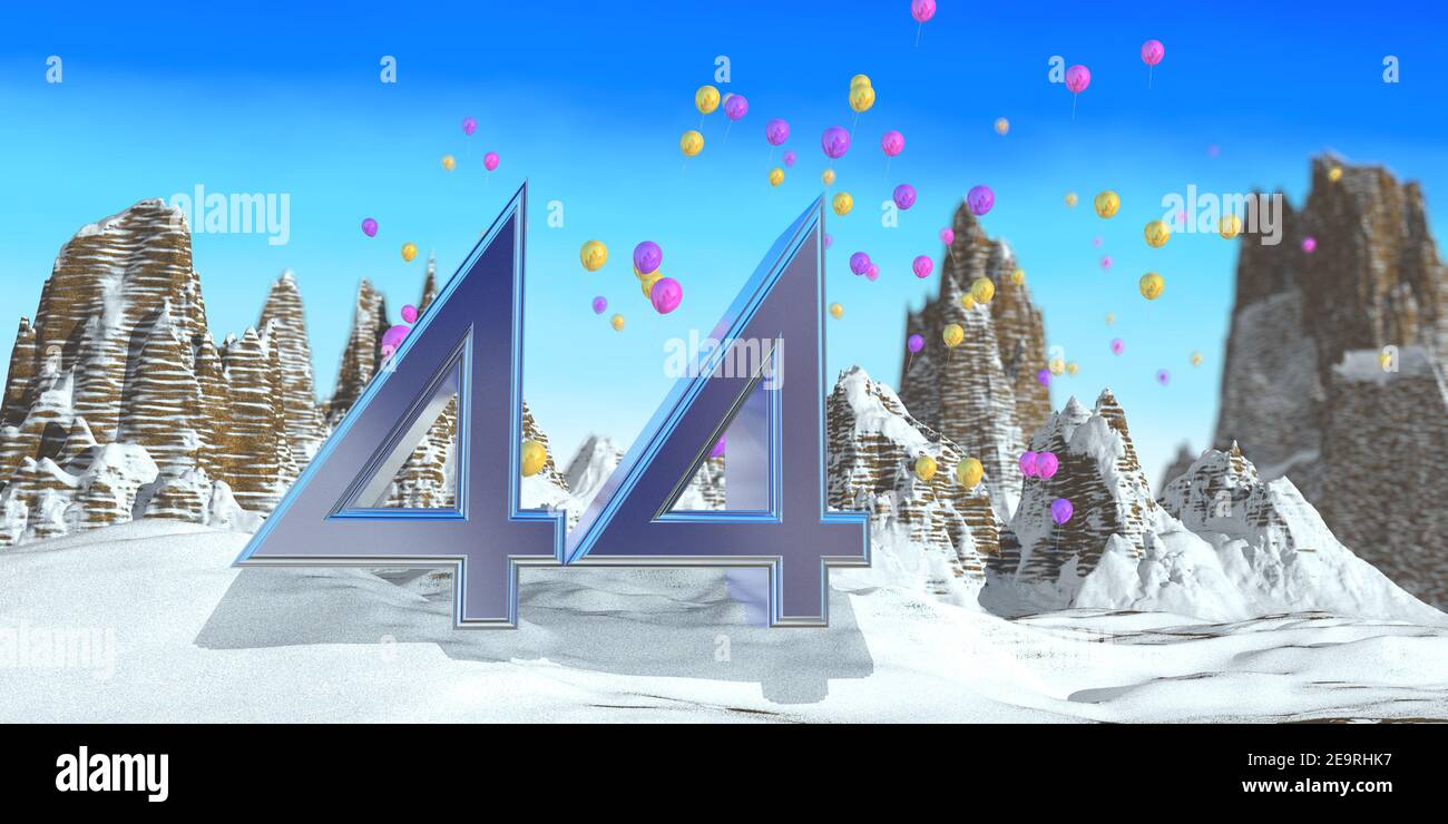Number 44 in thick blue font on a snowy mountain with rock mountains ...