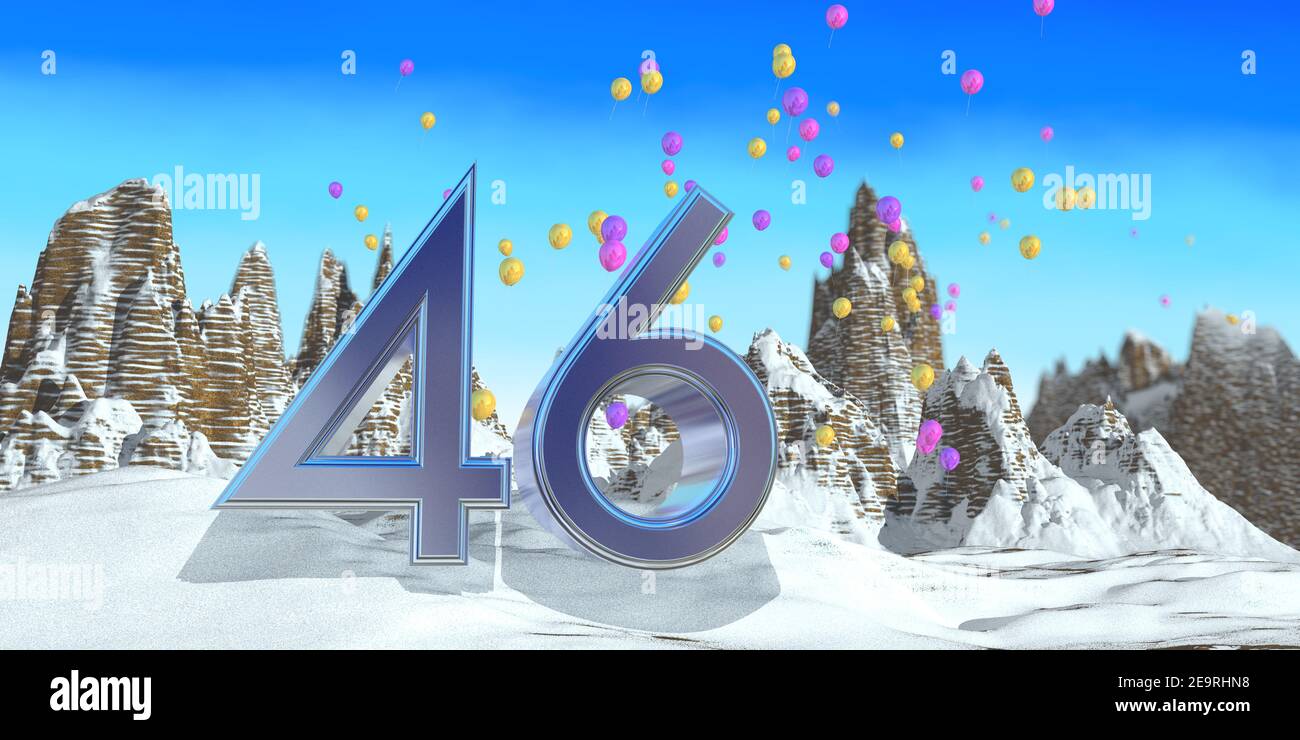 Number 46 in thick blue font on a snowy mountain with rock mountains ...
