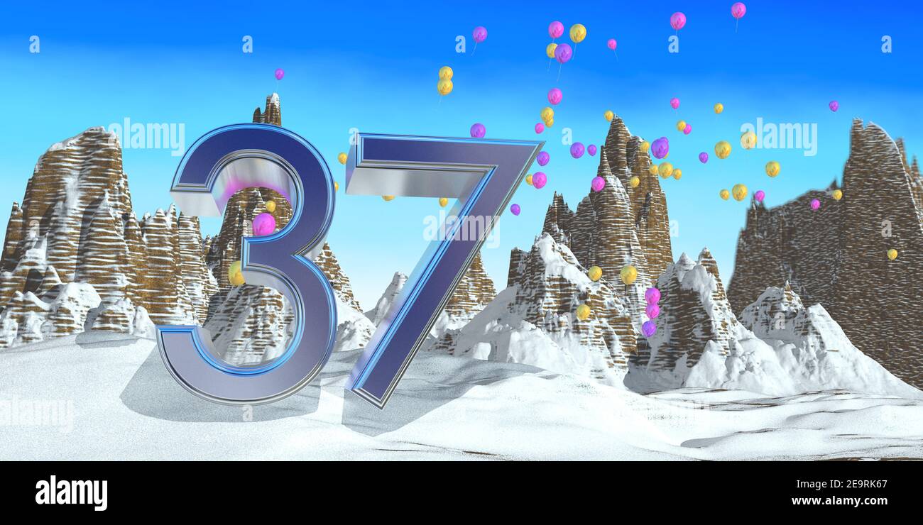 Number 37 in thick blue font on a snowy mountain with rock mountains ...
