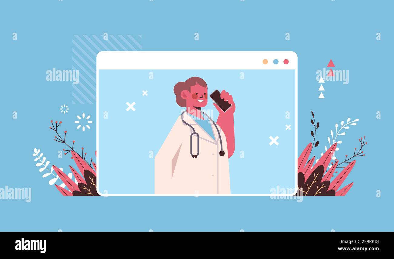 female doctor in web browser window talking on phone consulting patient ...