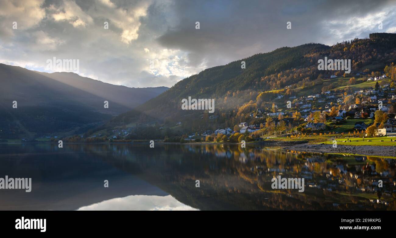 A panoramic view of the lake in Voss Norway, the water is still ...