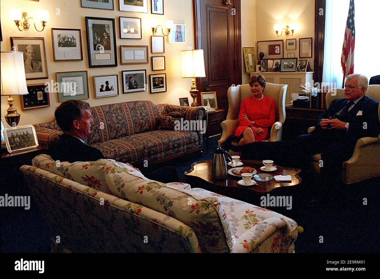 Mrs. Laura Bush with Sen. Ted Kennedy and Sen. Judd Gregg Stock Photo ...