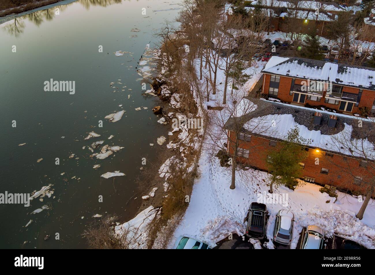 Spring landscape ice floats on the river view in early spring floods a ...