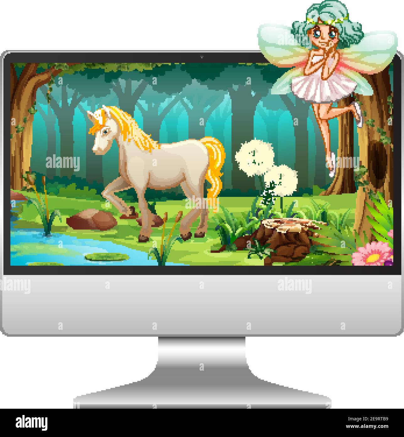 Computer monitor with fairy and c on screen illustration Stock Vector ...