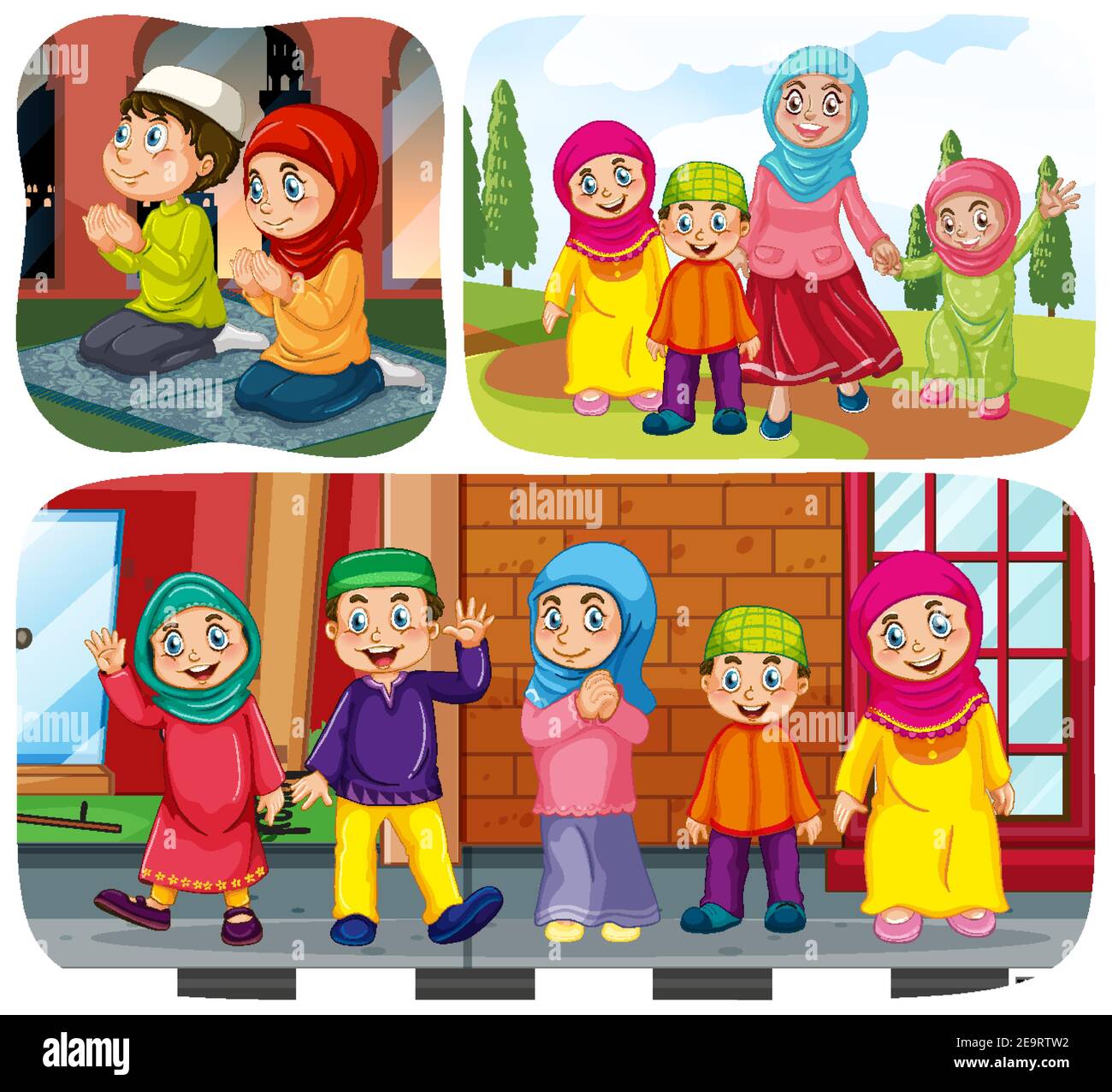 Set of muslim people cartoon character in different scene illustration ...