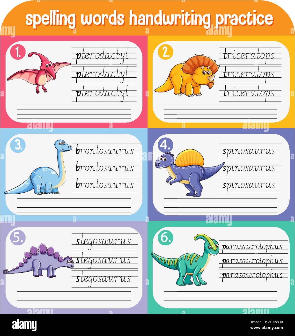 Set of spelling words dinosaur handwriting practice worksheet ...