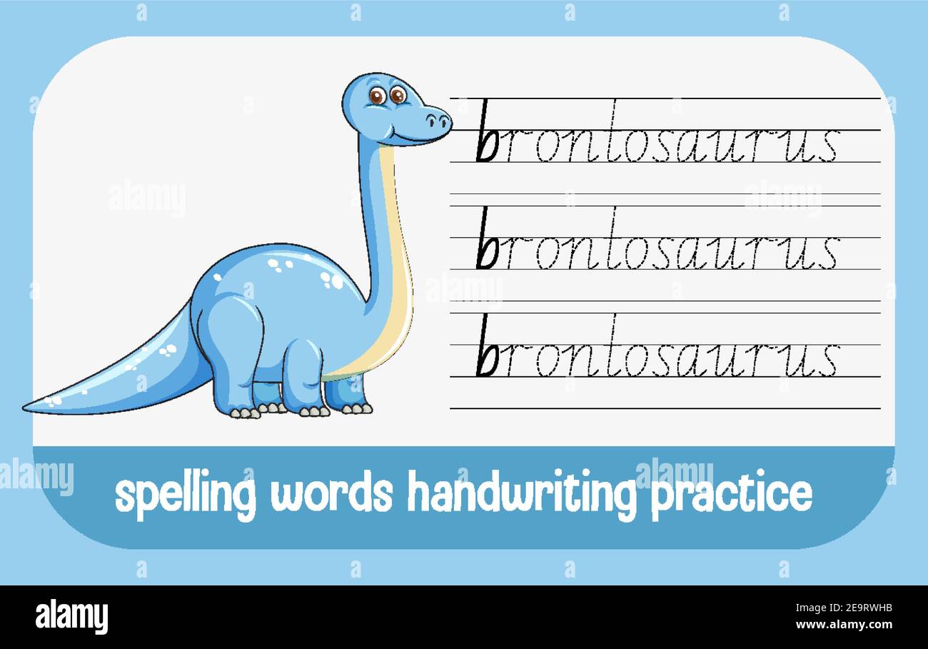 Spelling words dinosaur handwriting practice worksheet illustration ...