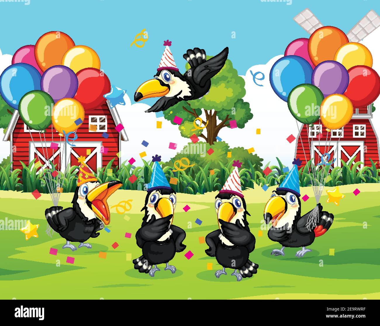 Many collared aracari bird in the party scene illustration Stock Vector ...