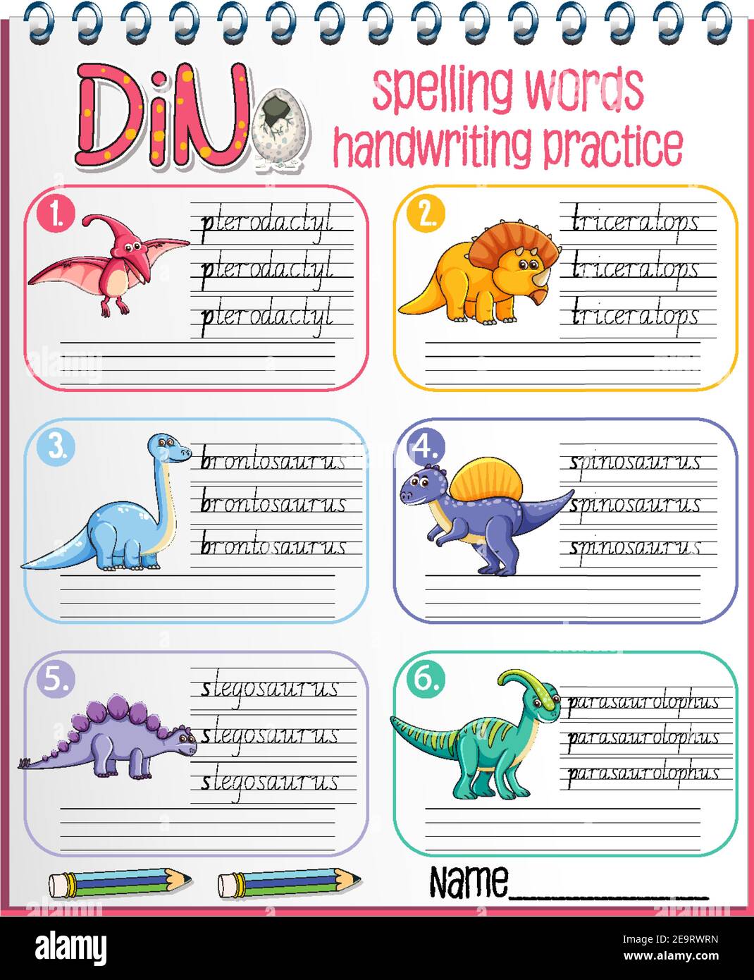 Set of spelling words dinosaur handwriting practice worksheet ...