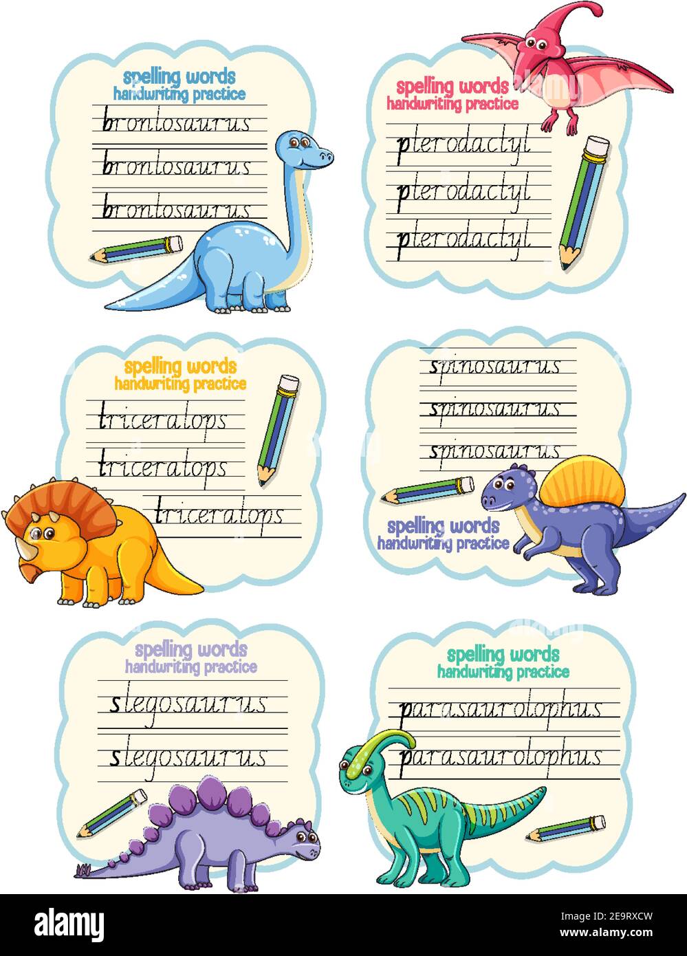 Set of spelling words dinosaur handwriting practice worksheet ...