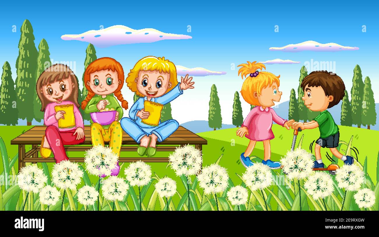 Kids playing at outdoor nature illustration Stock Vector Image & Art ...