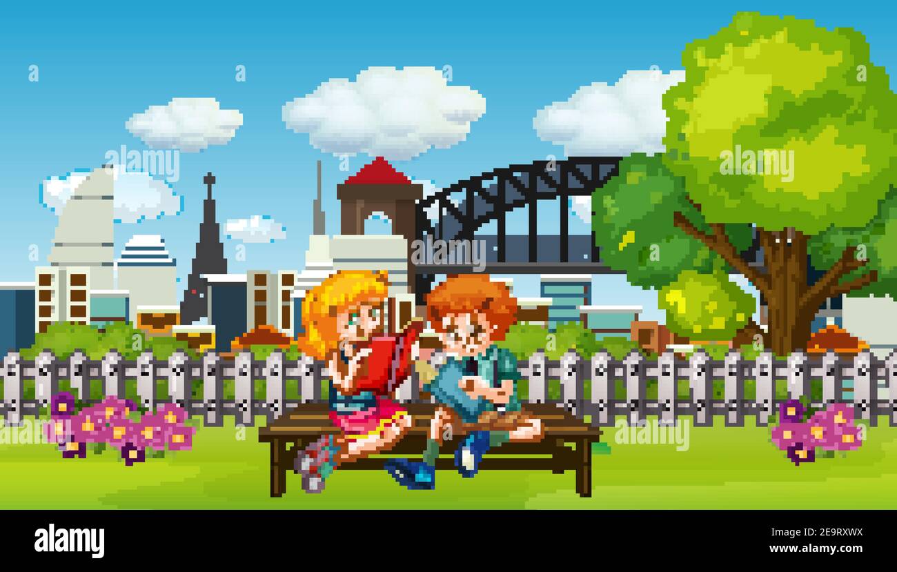 Scene with two children reading book in the park illustration Stock ...