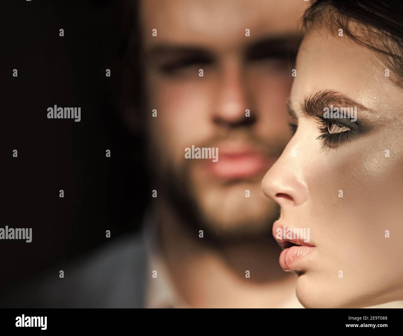 Girl with makeup, eyeshadows, blush, foundation. Woman face profile ...