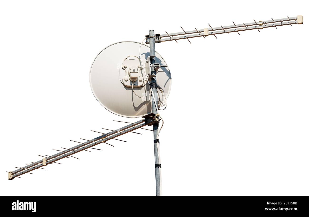 Closeup of a Television Aerial and Satellite Dish isolated on white ...