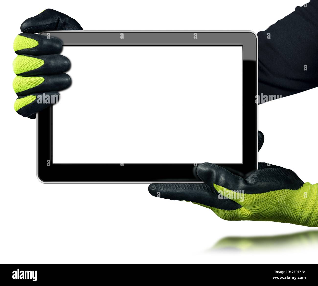 Manual Worker with protective work gloves showing a blank digital ...