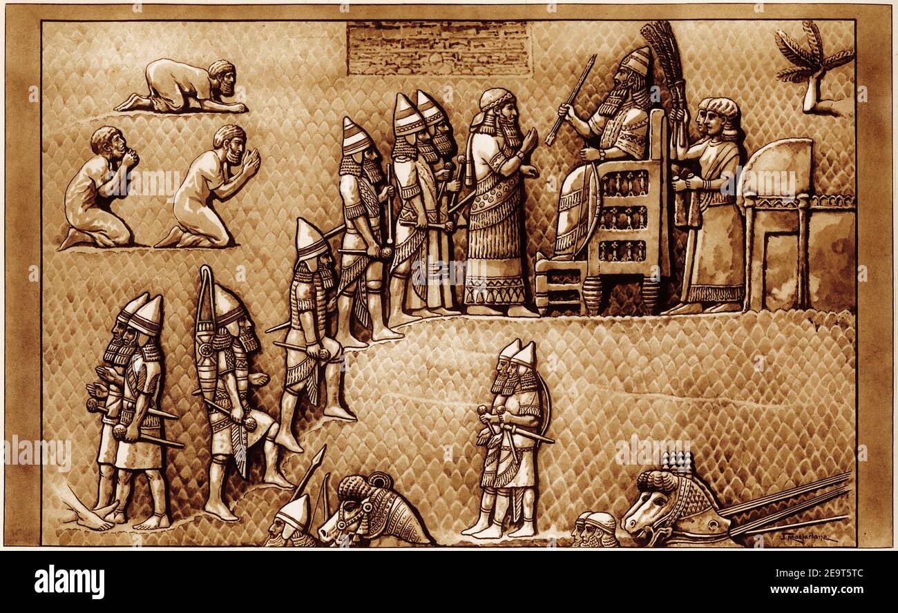 illustration of Sennacherib, the Assyran king, receiving tribute from ...