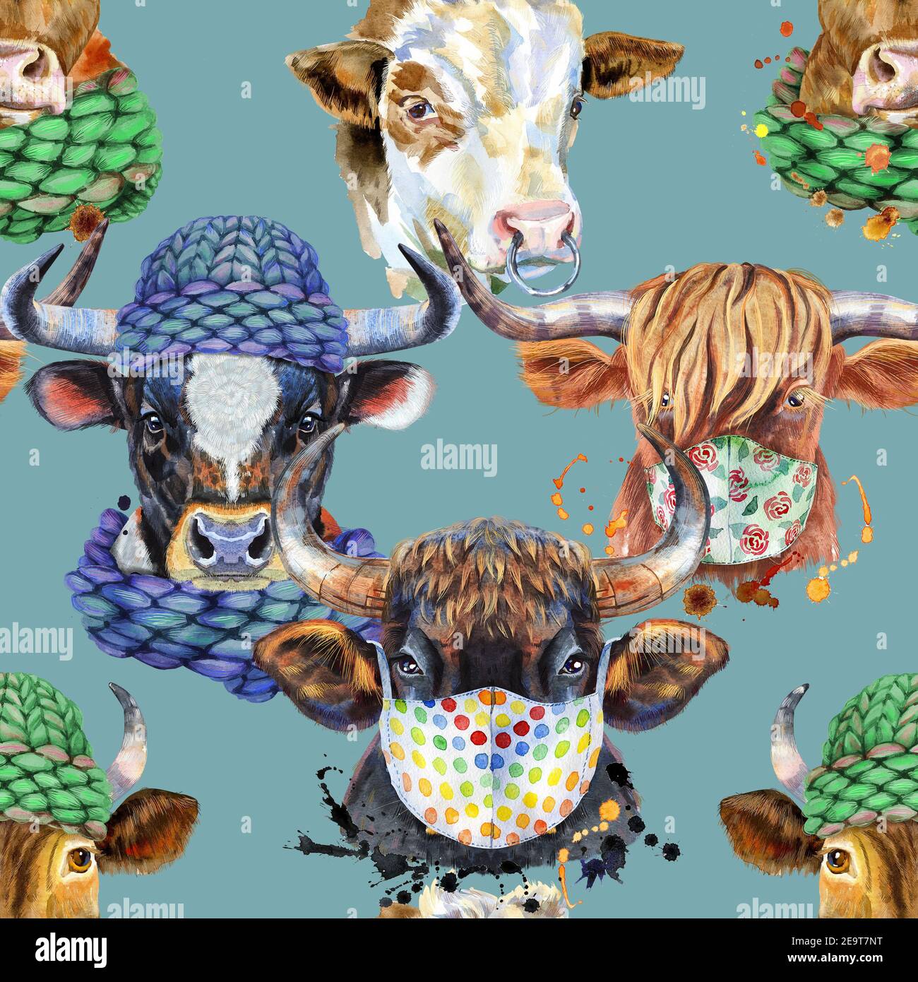 Bull watercolor graphics. Seamless pattern. Bull animal illustration ...