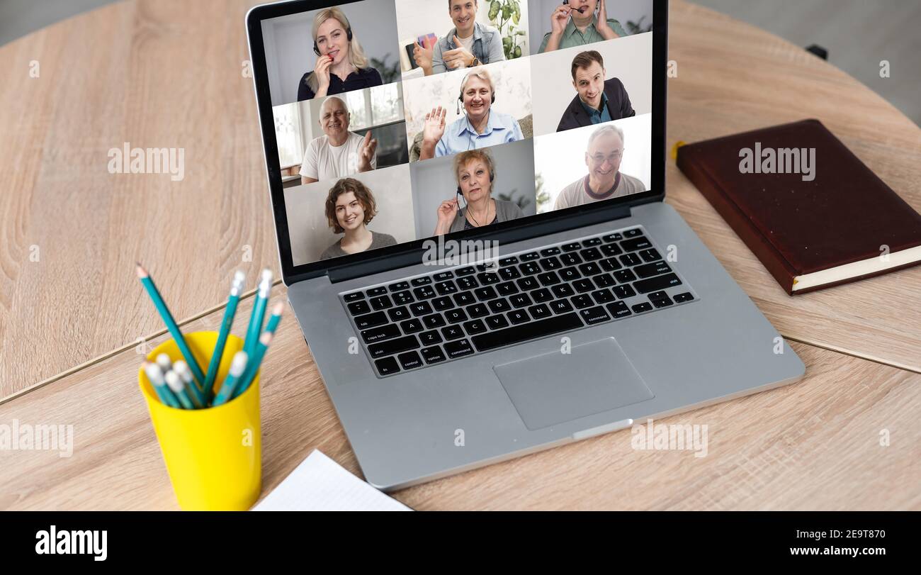 Many portraits faces of diverse young and aged people webcam view ...